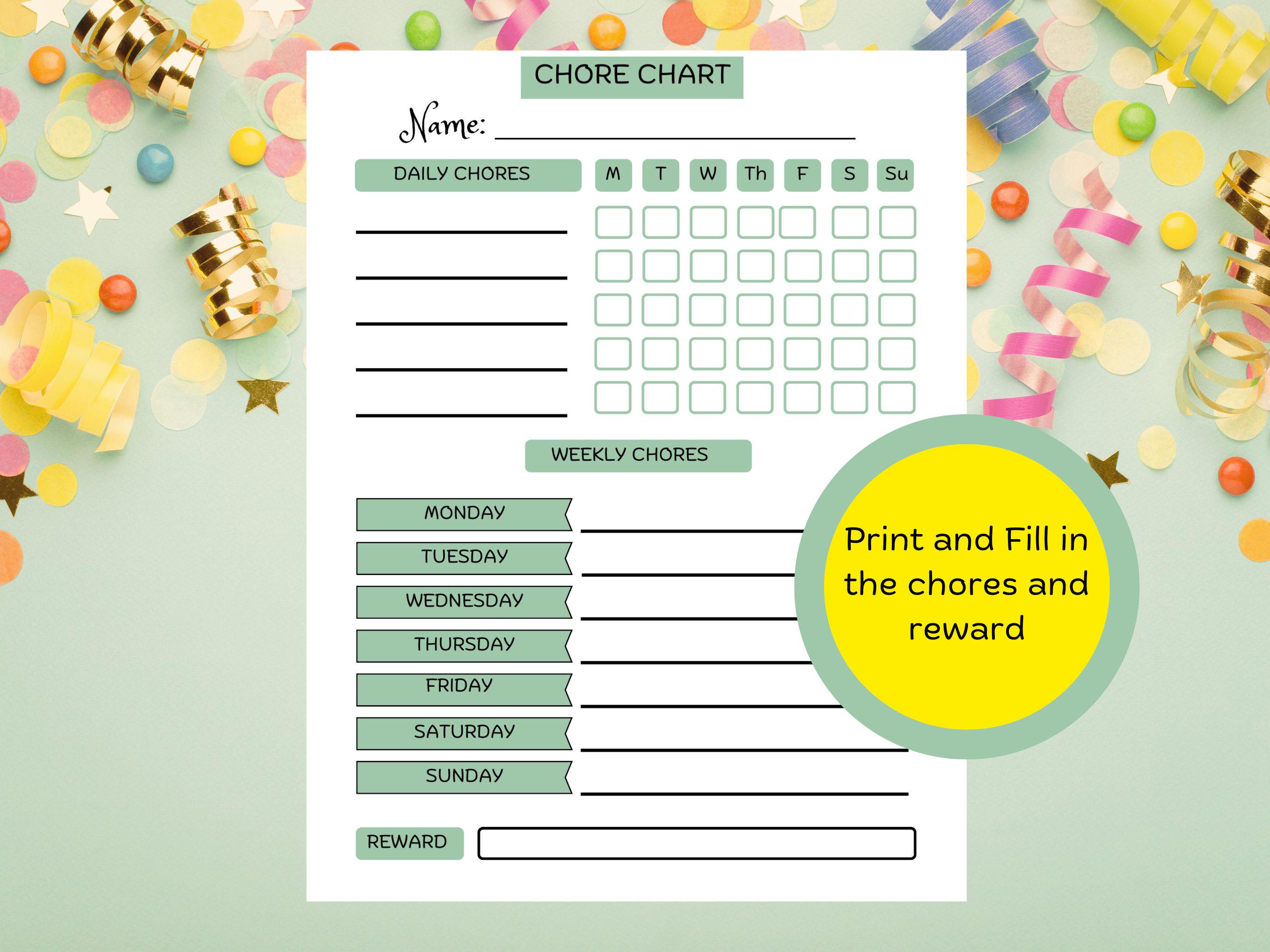 Printable Kids Daily Weekly Chore Chart, Reward Chart for Kids, Kids to ...