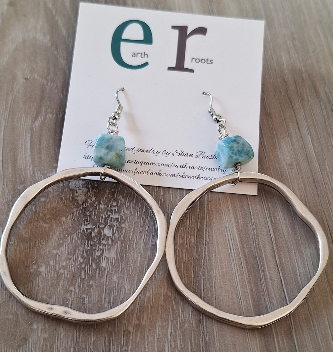 Large Wavy Silver Hoops With Larimar Gemstone Beads//silver Hoops ...