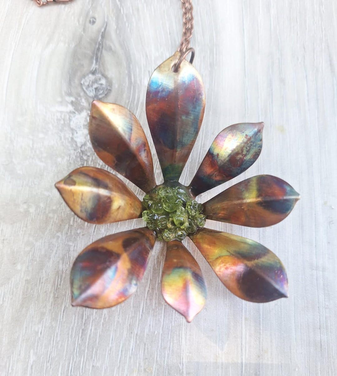 Boho Style Fire Painted Copper Flower Pendant//statement Jewelry ...