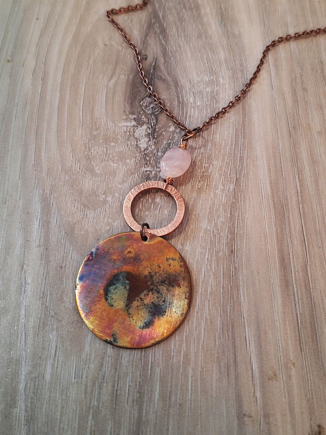 Pretty in Pink Boho Style Fire Painted Copper Pendant With Rose Quartz ...