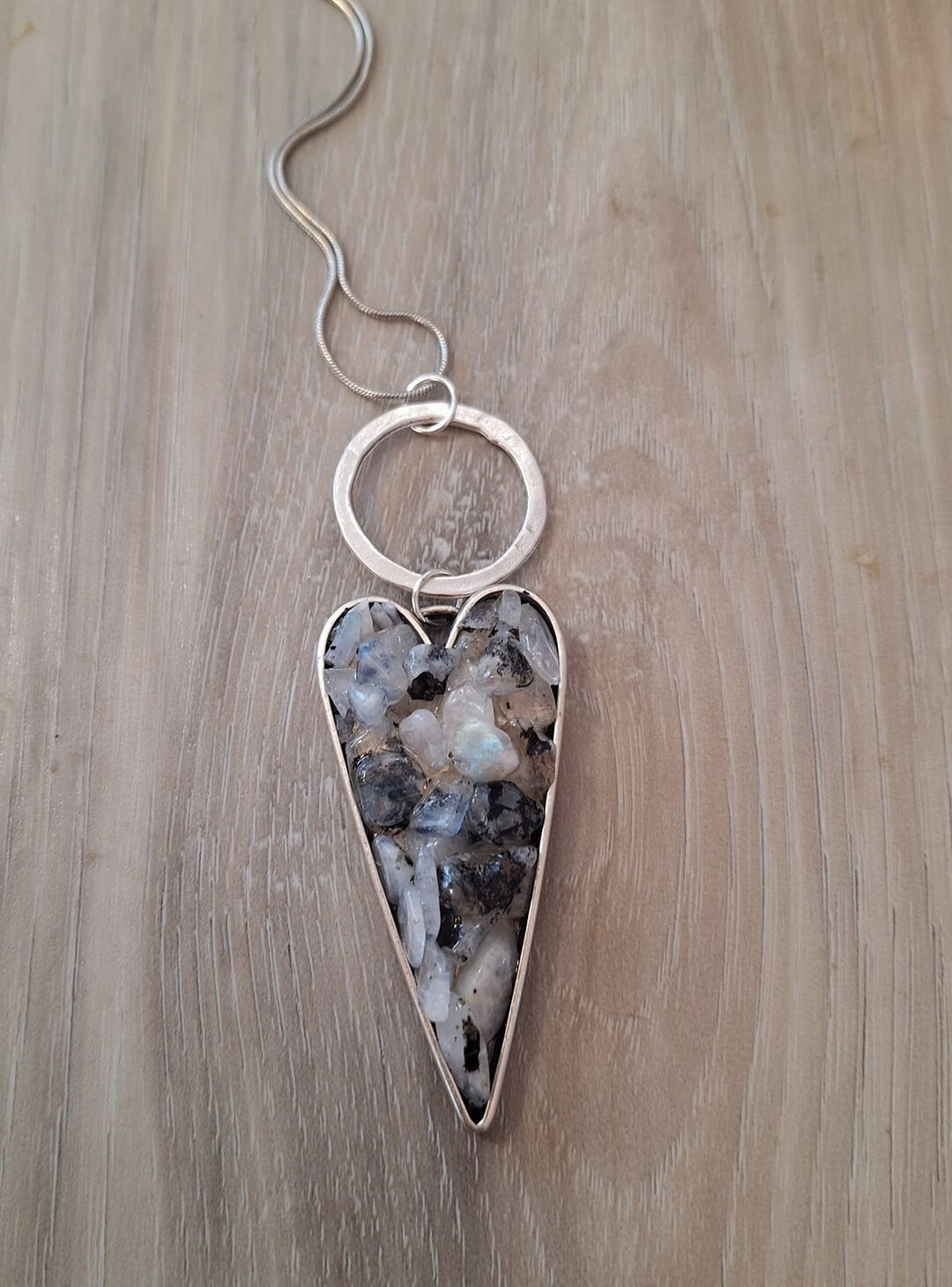 Large Silver Heart With Crushed Moonstone Gemstones Necklace//heart ...