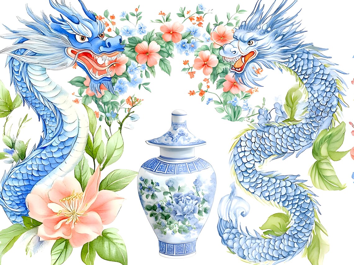Chinese New Year Dragon Clipart: Floral Chinoiserie PNG Set (digital ...