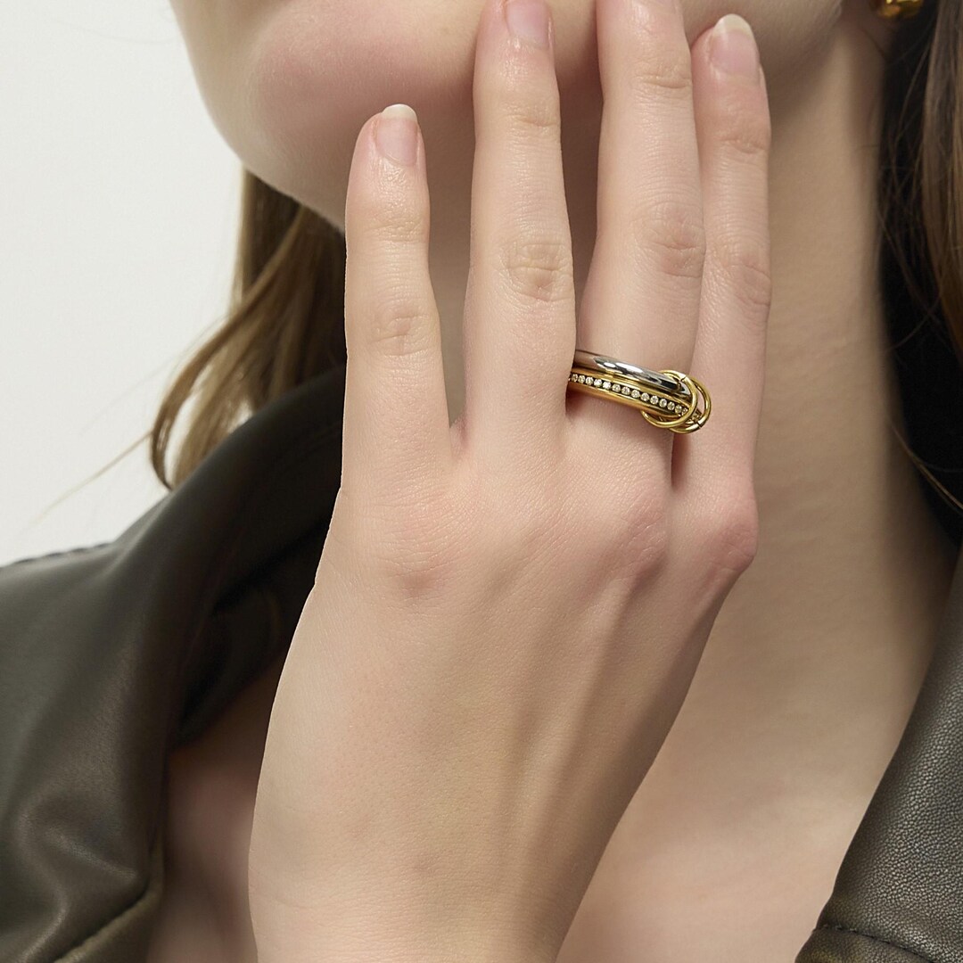Two Tone Interlocking Ring, 18K Gold Plated CZ Connecting Ring, Chunky Ring, Stacking Ring ...