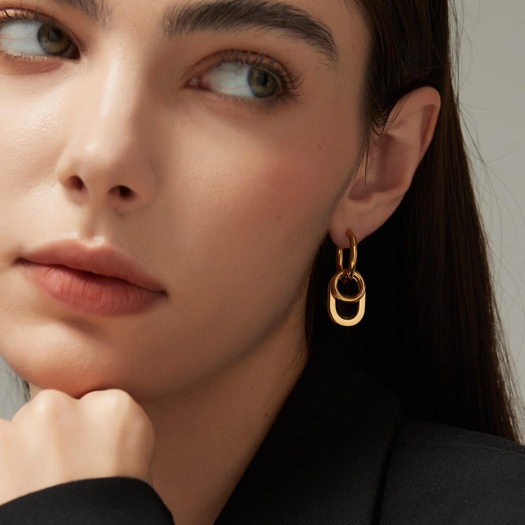 Two Tone Dangle Hoop Earrings, Triple Hoops Mixed Metal Dangling Hoop ...