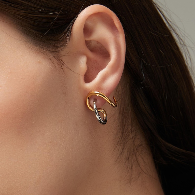 Two Tone Wavy Twist Hoop Earring, Mixed Metal Statement Earring, Curvy ...