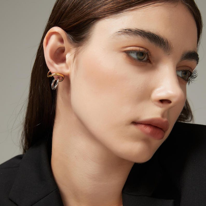 Two Tone Wavy Twist Hoop Earring, Mixed Metal Statement Earring, Curvy ...