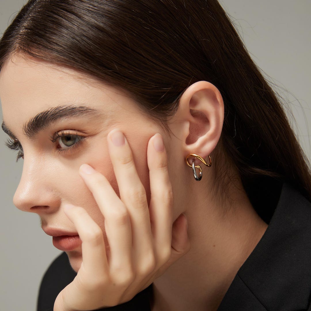 Two Tone Wavy Twist Hoop Earring, Mixed Metal Statement Earring, Curvy ...