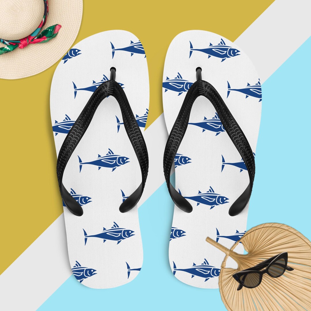 Fisherman Aesthetic Flip-flops - White With Blue Fish - Etsy