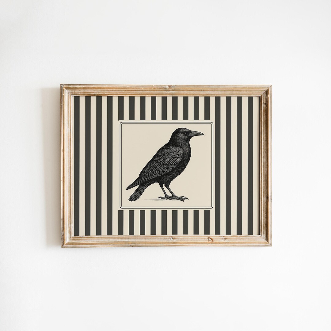 Crow Wall Art – Vintage Black Bird Illustration With Striped Background ...