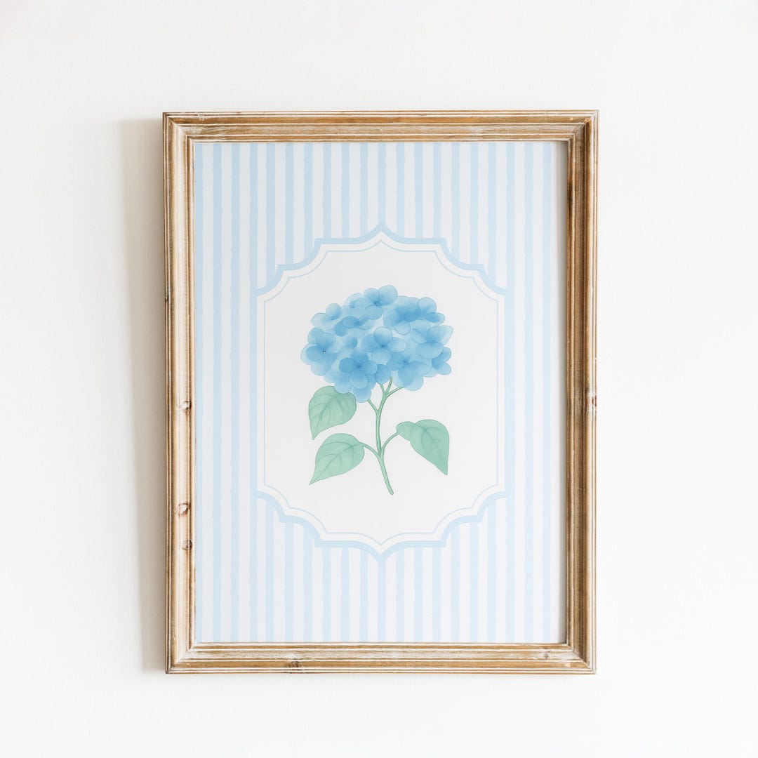 Blue Hydrangea Poster – Botanical Floral Print – Striped Vintage Wall ...