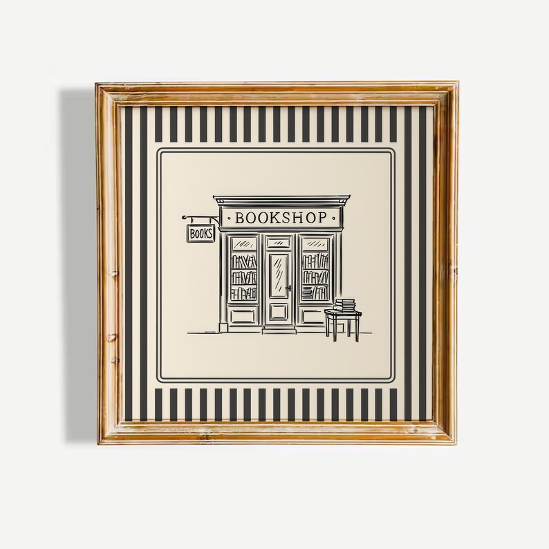 Vintage Bookshop Poster – Black Ink Bookstore Sketch on Cream Striped ...
