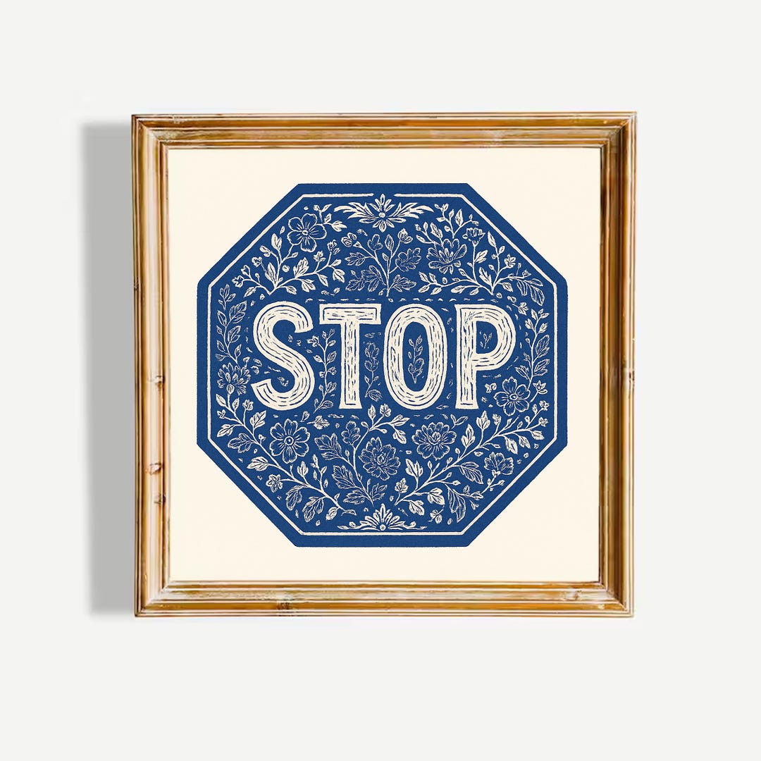 Floral Stop Sign Poster – Folk Art Blue Wall Print - Etsy