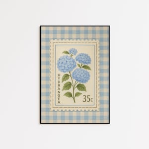 Vintage Hydrangea Stamp Poster – Blue Botanical Floral Wall Art With Gingham - Etsy