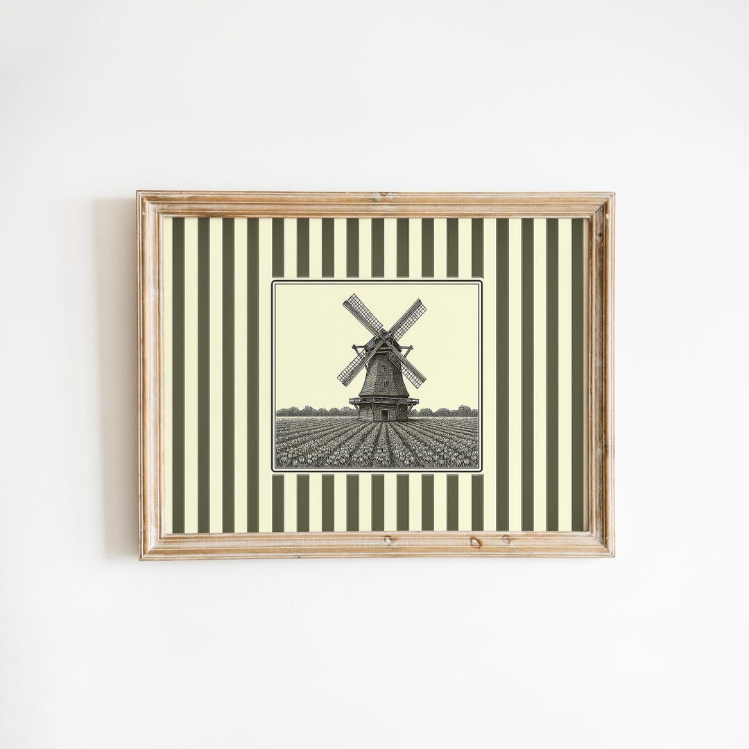 Vintage Windmill Poster – Dutch Countryside Print With Stripes - Etsy