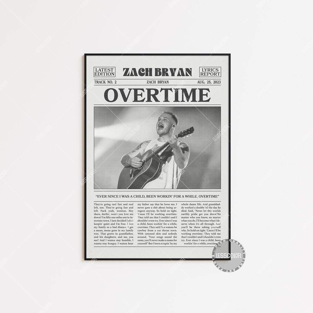 Zach Bryan Retro Newspaper Print, Overtime Poster, Overtime Lyrics ...