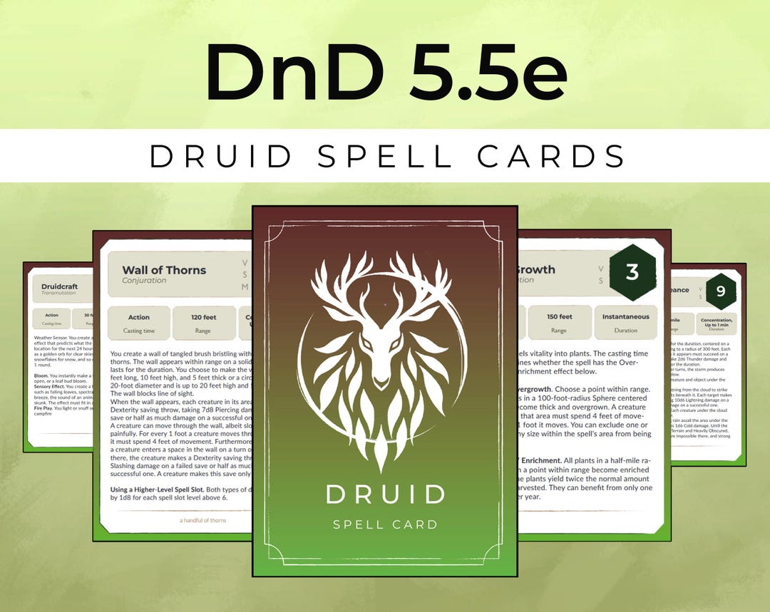 Druid Spell Cards - 2024 5.5E Compatible - Printable PDF Level 0-9 - Etsy