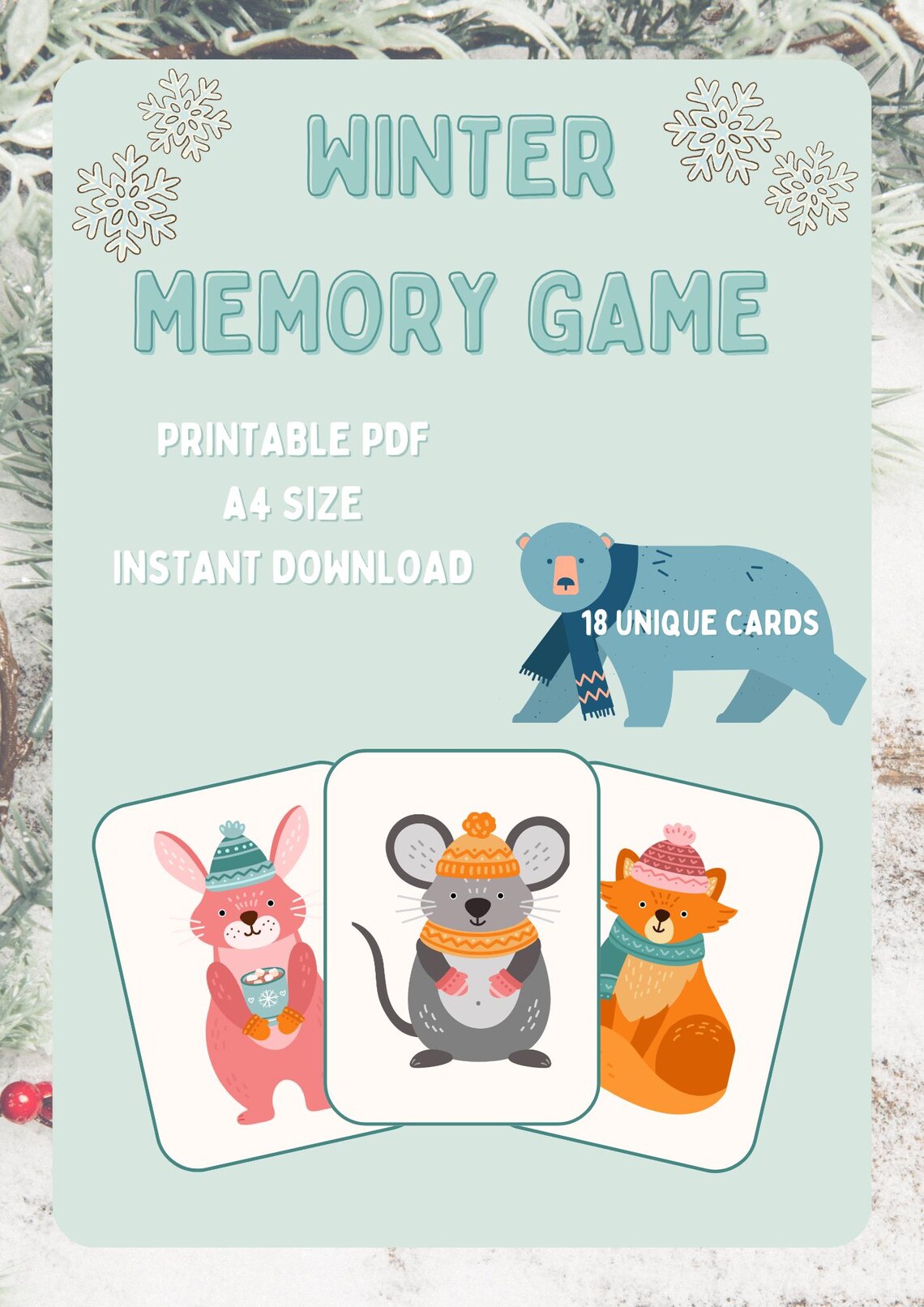 Winter Memory Game: Printable Toddler, Preschool, Kindergarten Matching ...