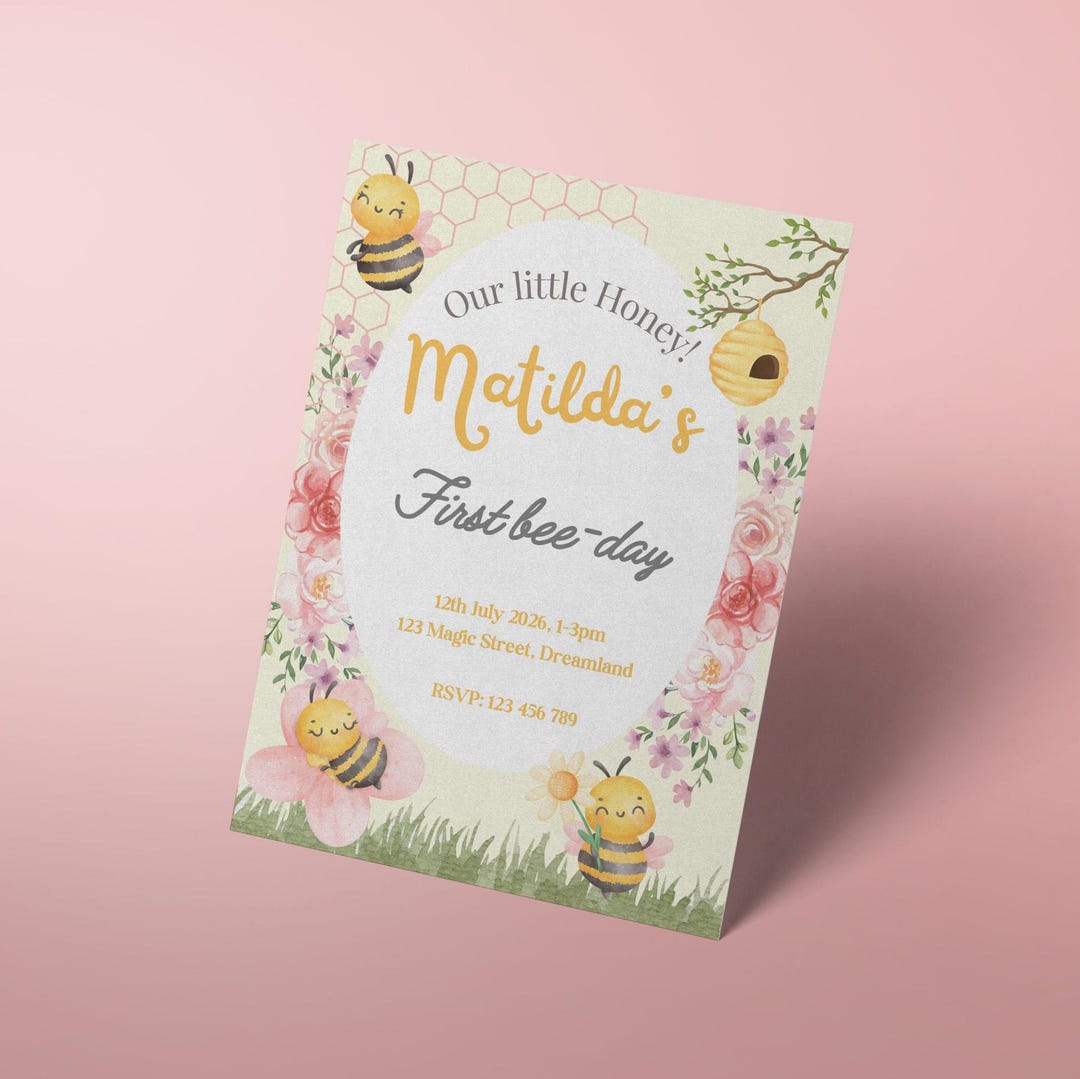 Editable Happy Bee Day First Birthday Party Invitation Baby Party Honey ...