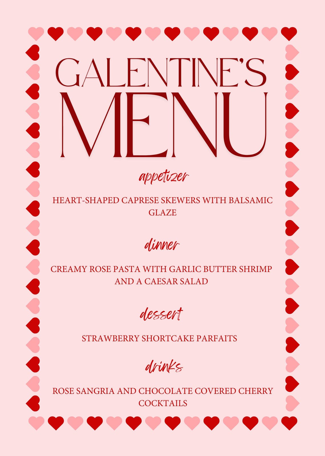 Galentine's Day Menu Template Pink Red Heat Girls Night Menu Galentines ...