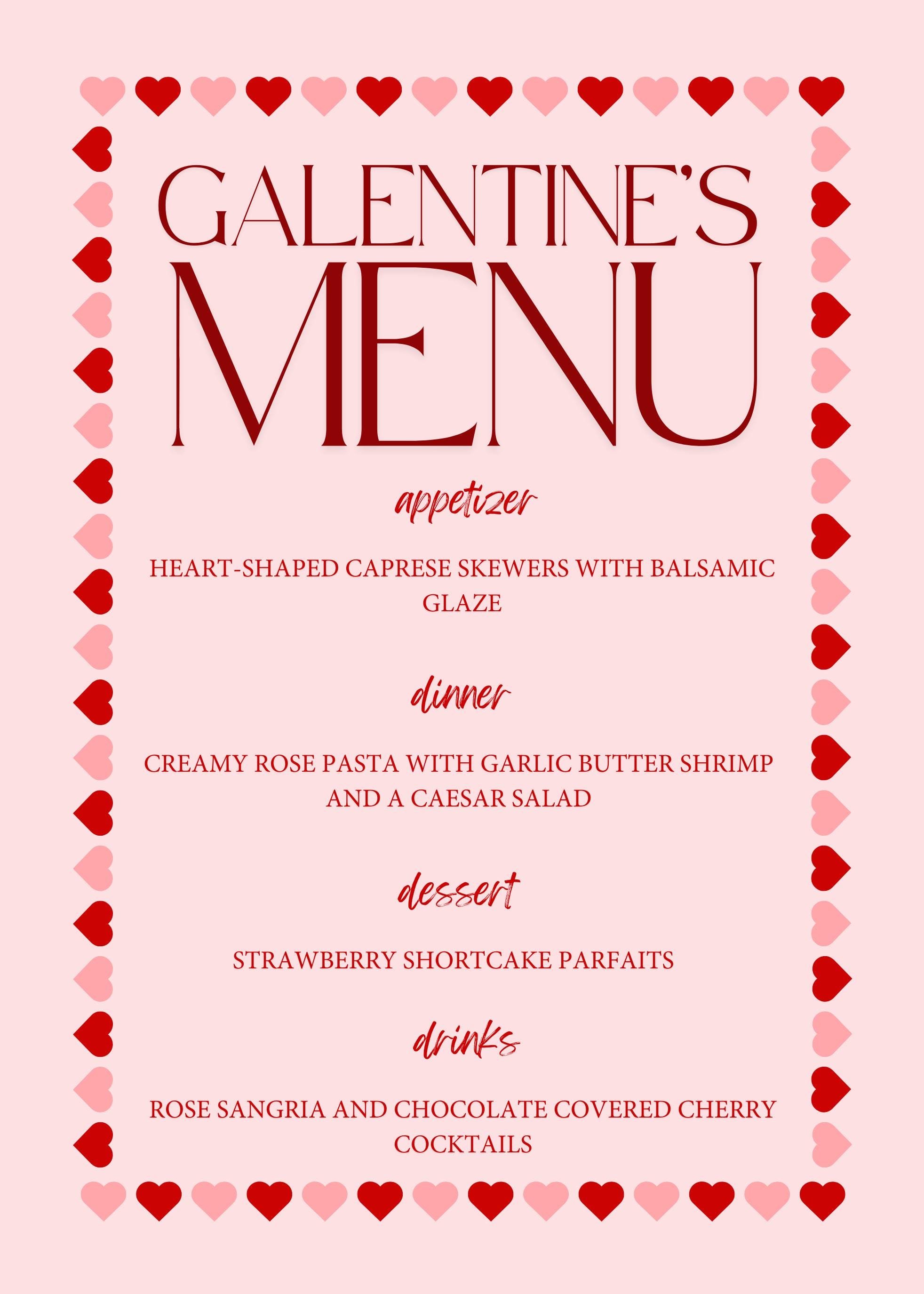 Galentine's Day Menu Template Pink Red Heat Girls Night Menu Galentines ...