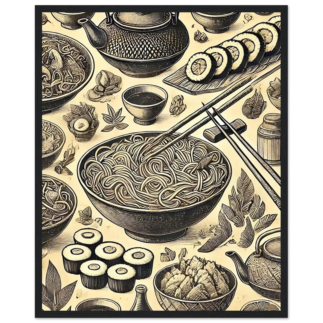 Vintage Japanese Food Art Poster - Framed Sushi, Ramen and Tea ...