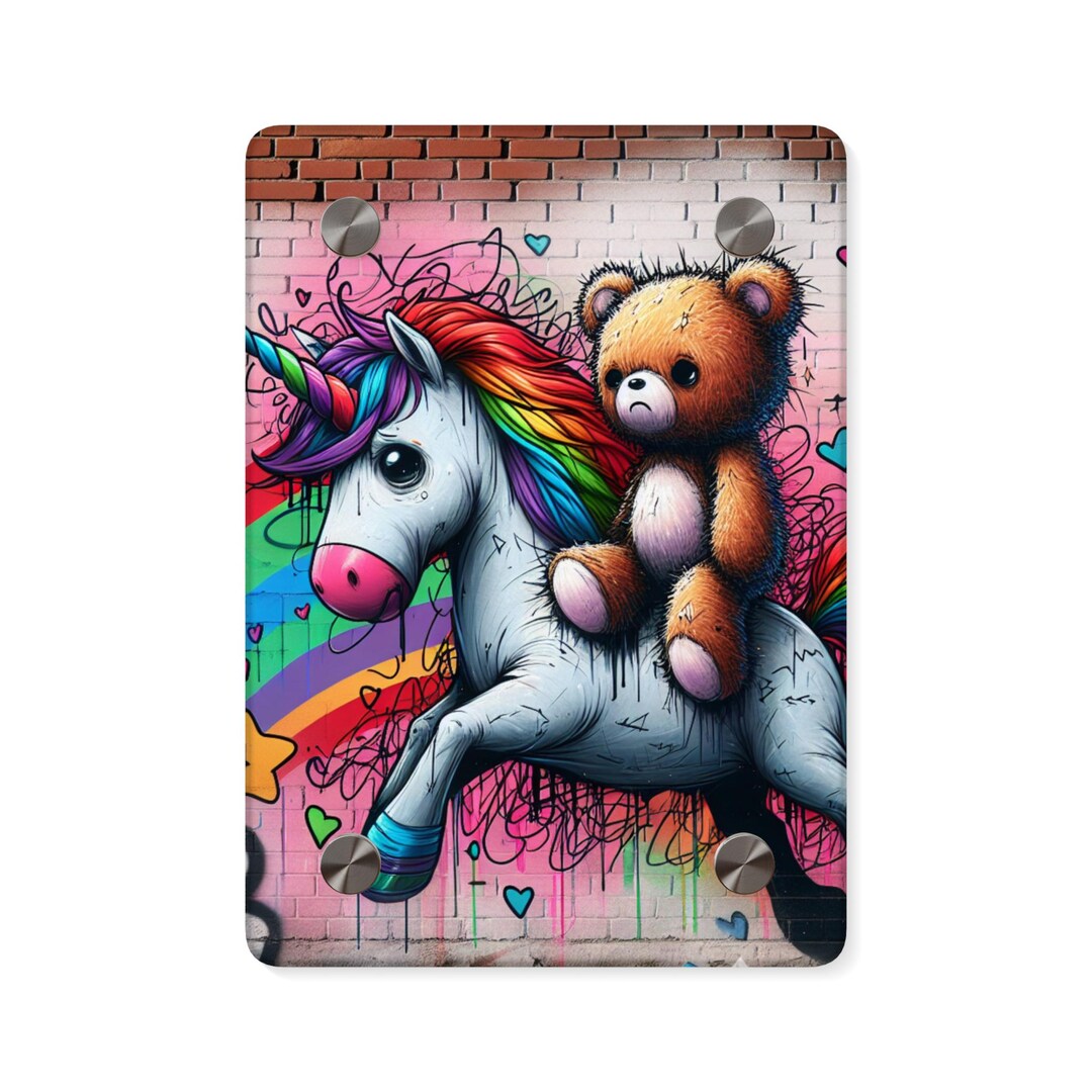 Whimsical Sad Teddy Bear on Unicorn Acrylic Art Panel, for Fantasy Art ...