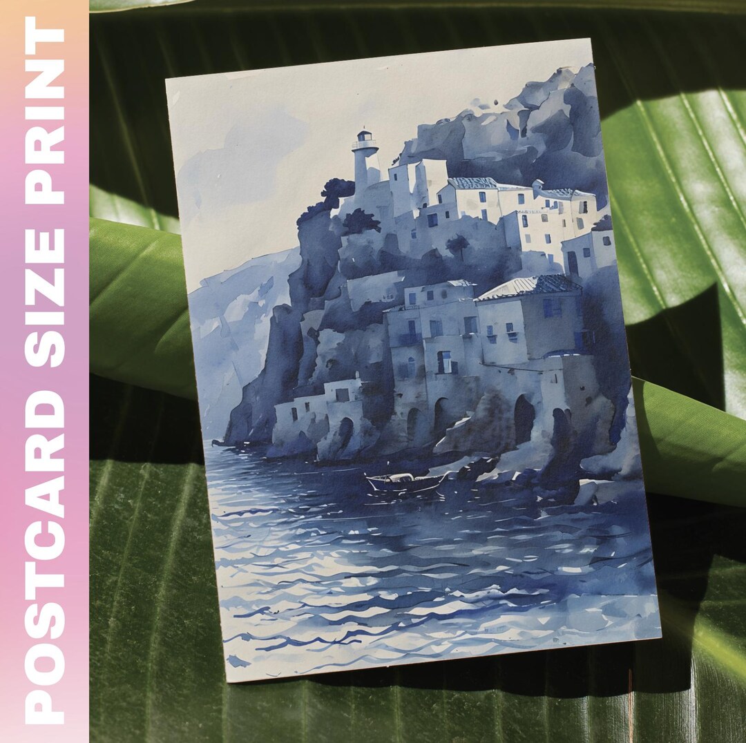 Coastal Greece Blue Watercolor Postcard Art Print, Mediterranean ...