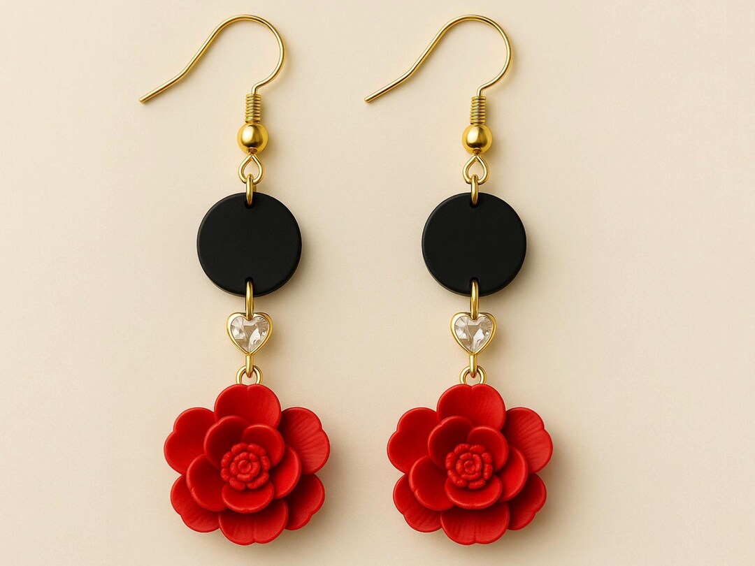 Red Rose Dangle Earrings: 3D Printed Floral, Black Acrylic - Romantic ...
