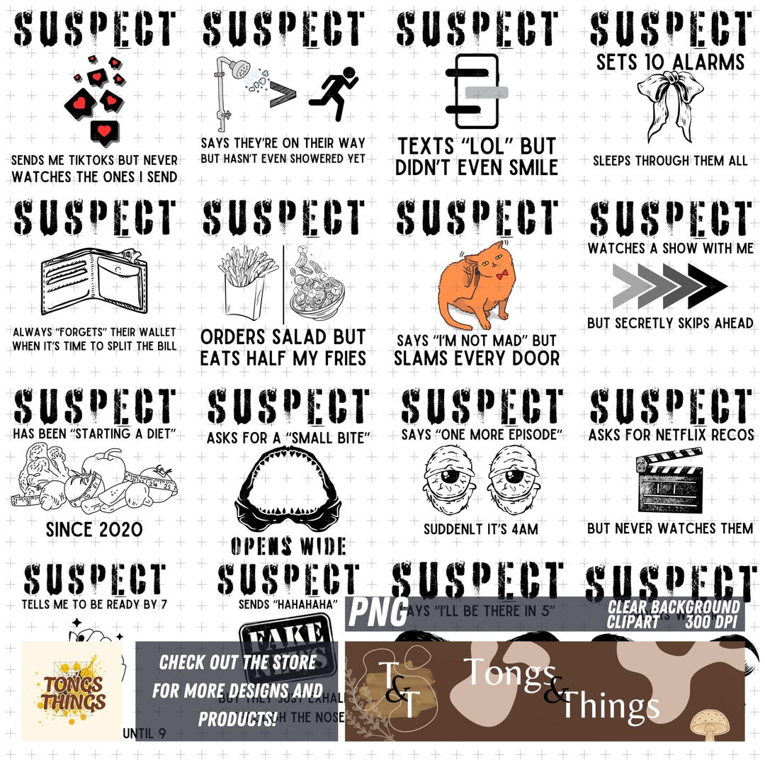 Suspect Jokes PNG Bundle | 20 Funny High-resolution Digital Files | DIY ...