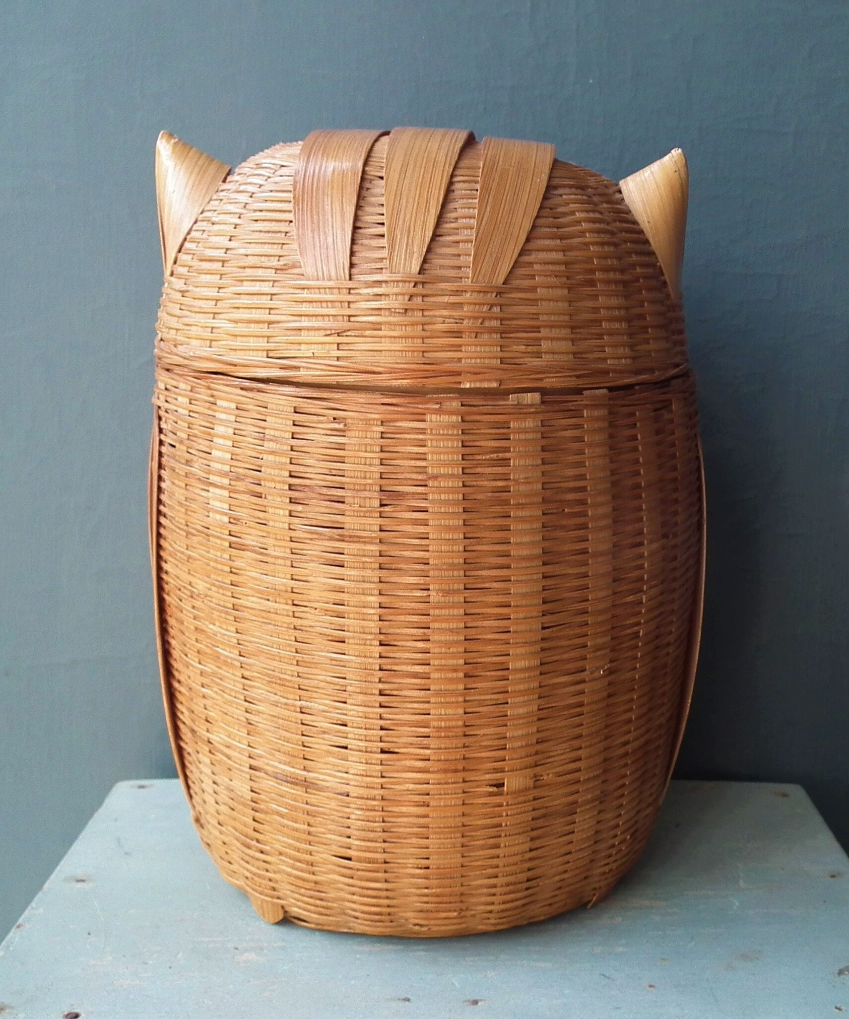 Vintage Storage Basket Figural Owl Basket Large 8 Woven Wicker Rattan ...