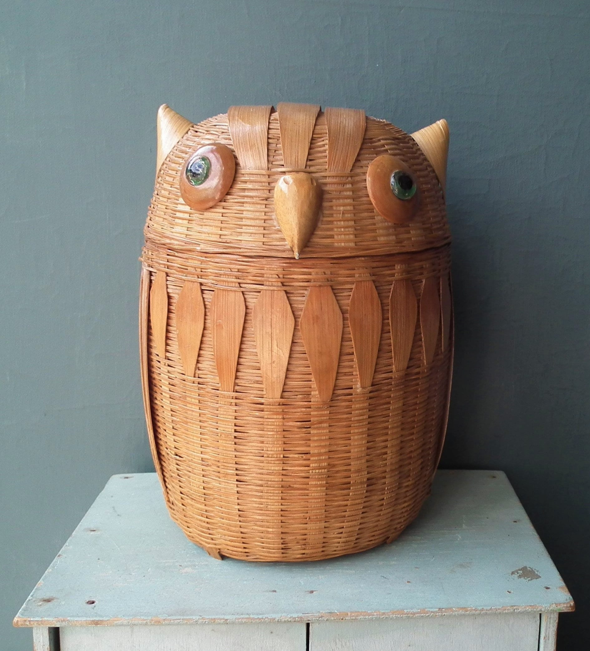 Vintage Storage Basket Figural Owl Basket Large 8 Woven Wicker Rattan ...