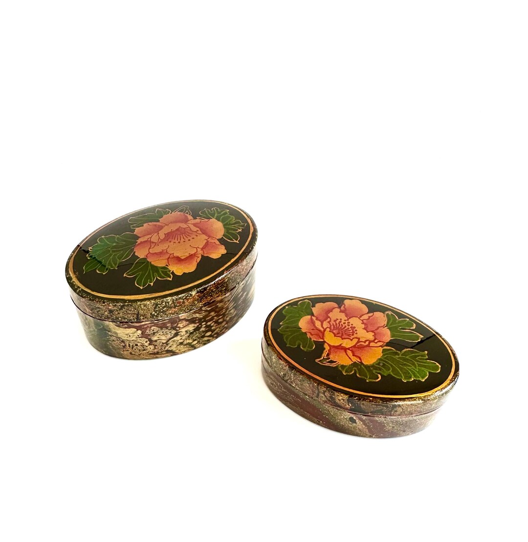 Vintage Asian Floral Lacquer Oval Shaped Nesting Boxes Set of Two - Etsy