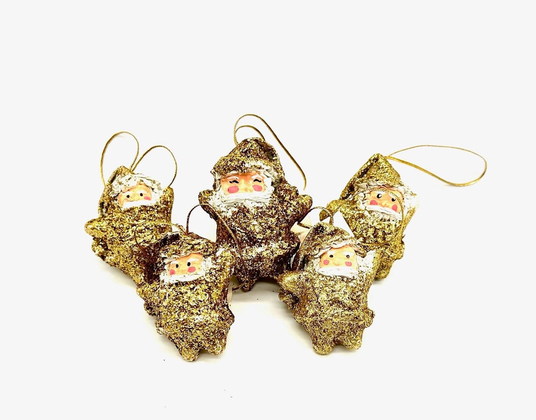 Vintage Miniature Gold Glitter Santa Claus Christmas Tree Ornaments Set ...