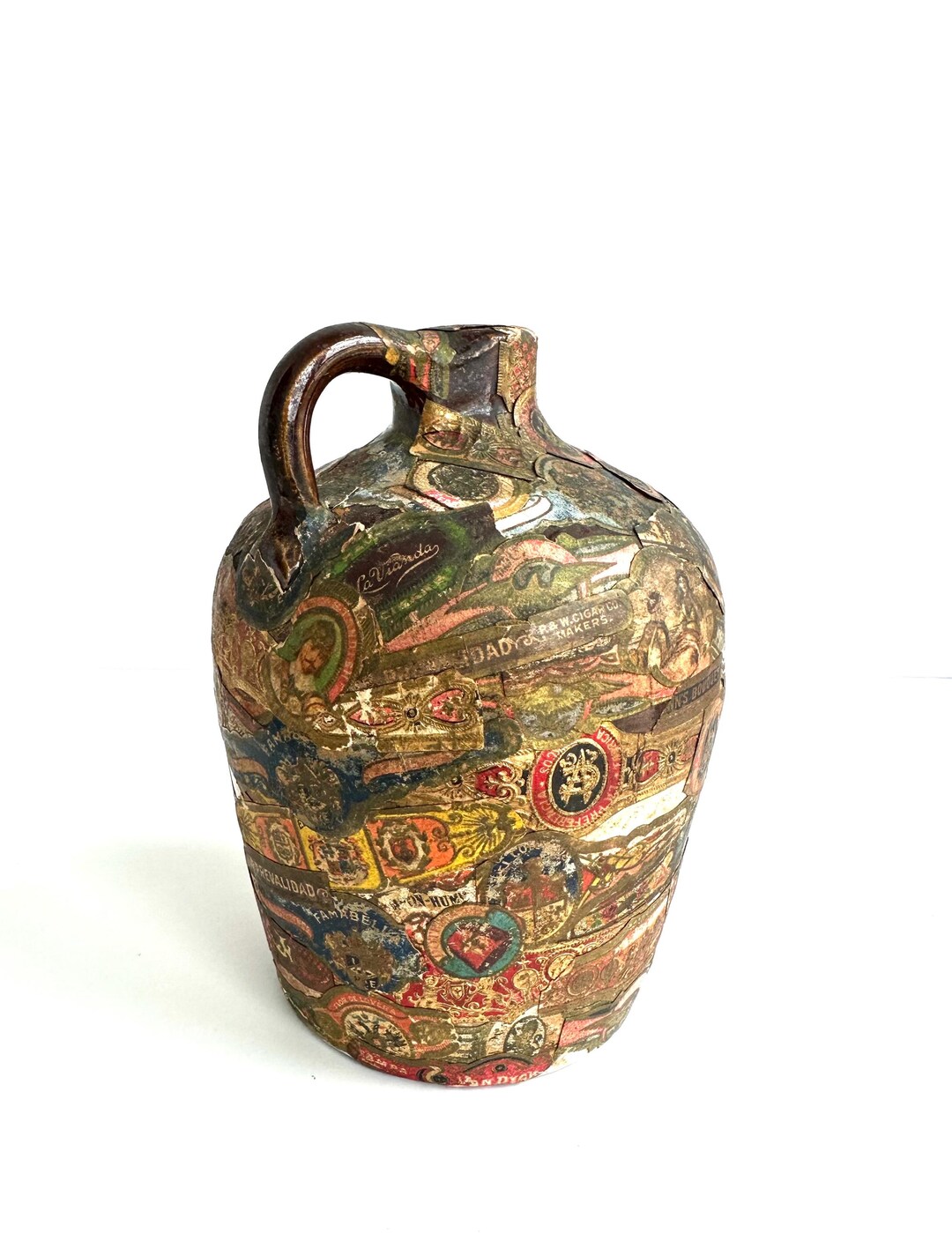 Vintage Macomb Stoneware Pottery Jug Folk Art Decoupage Cigar Labels ...