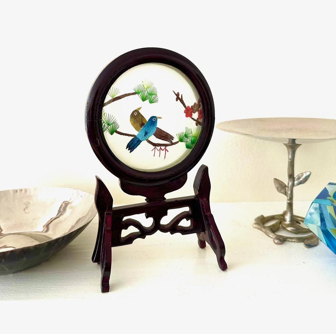 Vintage Chinese Birds Suzhou Spun Silk Art, Wood Frame, Glass Frame ...
