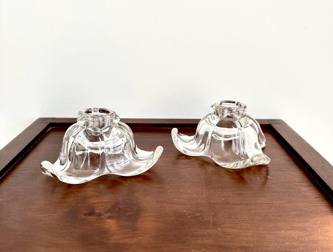 Vintage Clear Glass Duncan & Miller Pair American Way Leaf Candlestick ...