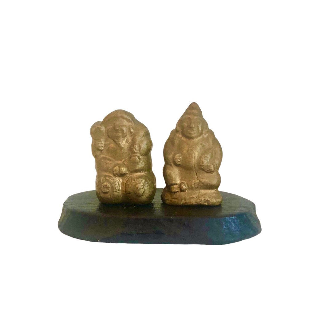 Vintage Miniature Daikoku and Ebisu Lucky Golden Little Gods on Wooden ...