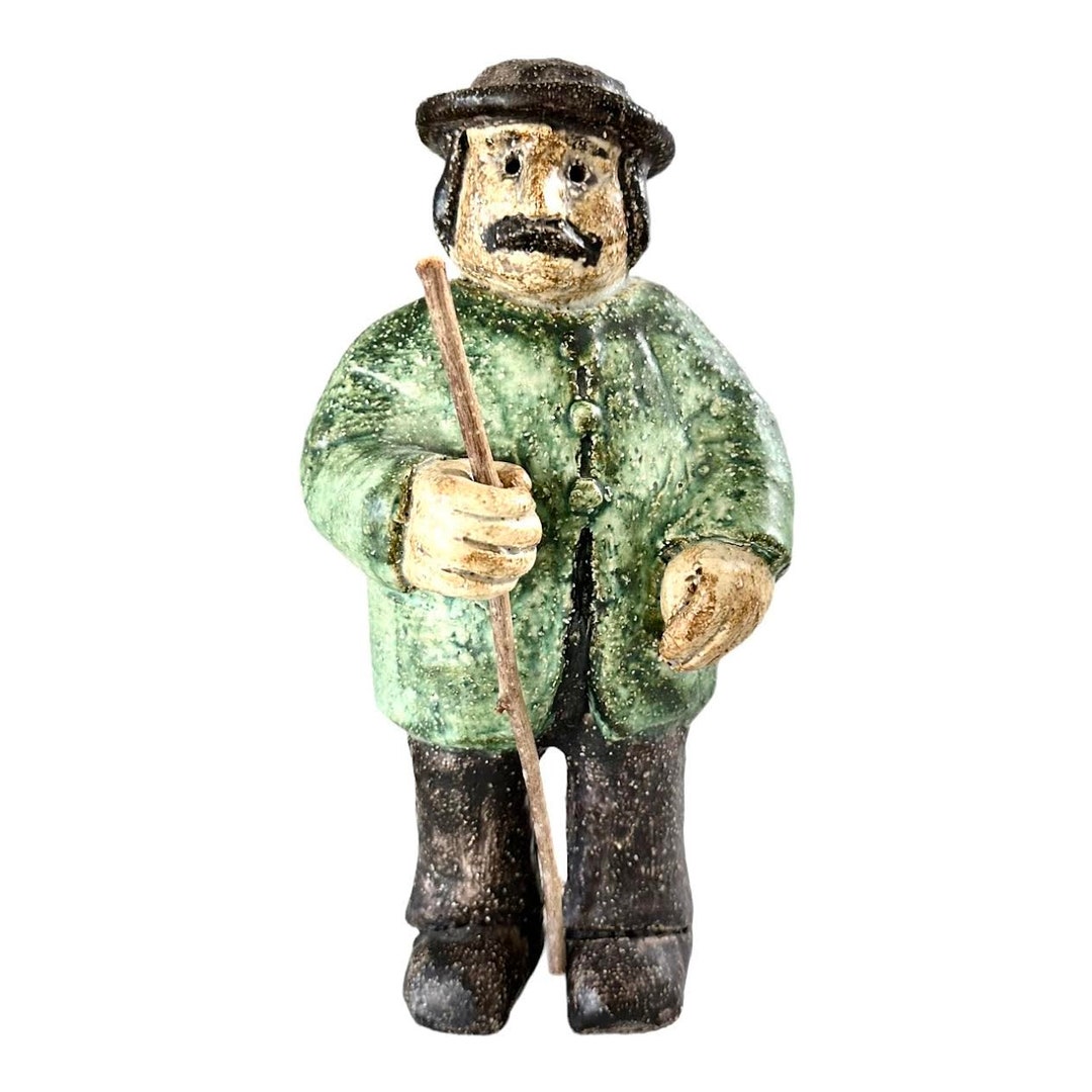 Vintage Folk Art Handmade Pottery Sheep Herder Man Sculpture Figurine ...