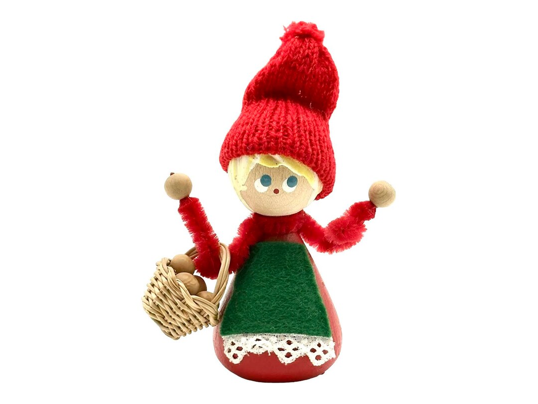Vintage Lars H Danish Wooden Gnome Figure Elf Girl Holding Basket ...