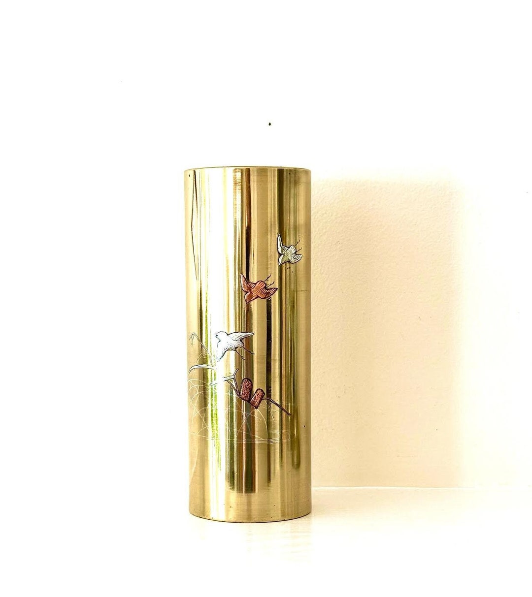 Vintage Japanese Cylinder Bombshell Etched Relief Vase Birds in Flight ...