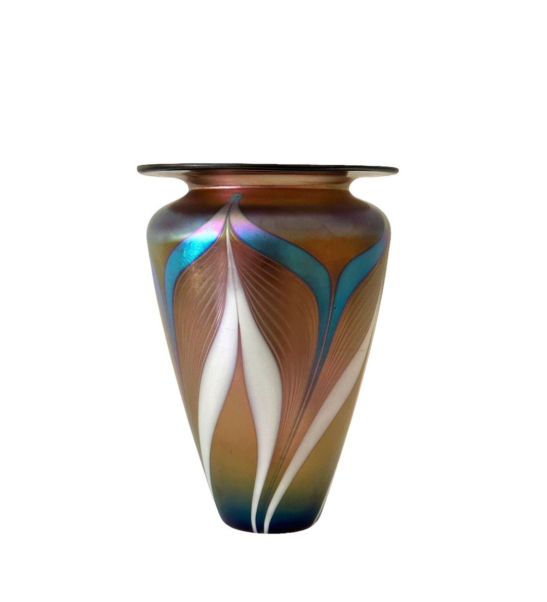 Stuart Abelman Iridescent Art Glass Vase Pulled Feather Design Signed ...