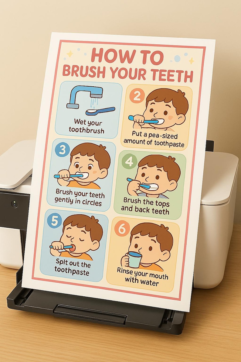 Brushing Teeth Routine Poster: Kids' Visual Guide (PDF Download A4/A5 ...