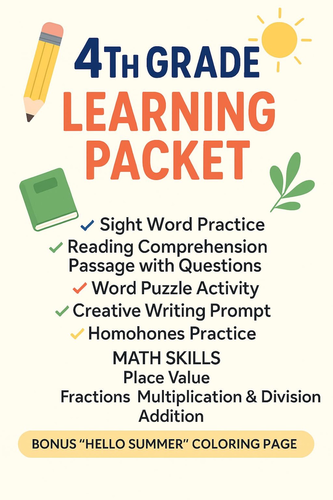 4th Grade Summer Learning Workbook: Reading, Math, Writing (PDF ...