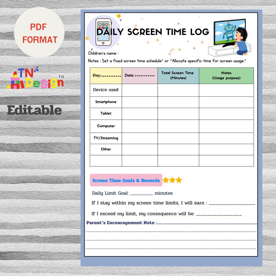 Screen Time Tracker Kids Screen Log, Kids Screen Time Tracker Printable ...