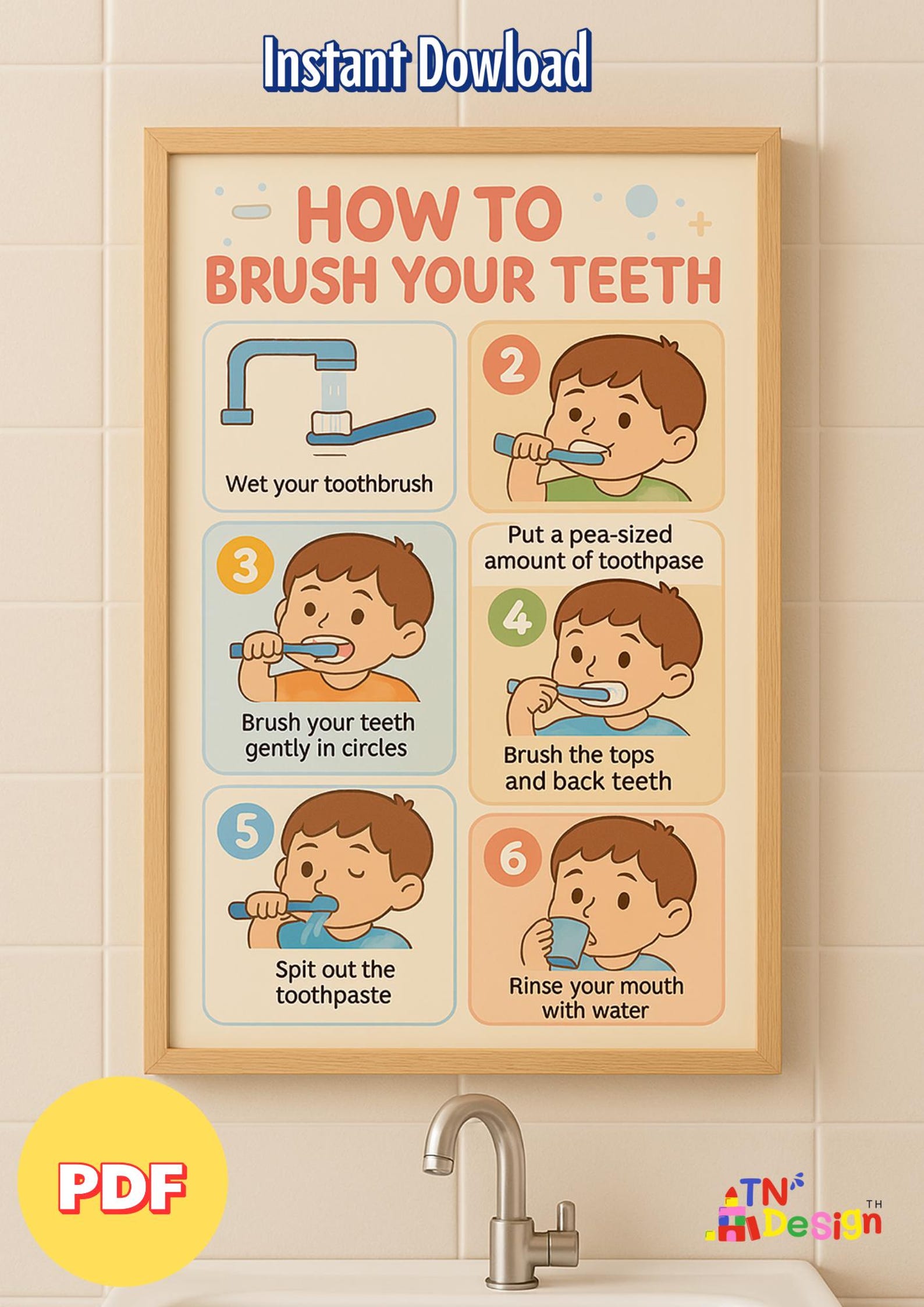 Brushing Teeth Routine Poster: Kids' Visual Guide (PDF Download A4/A5 ...