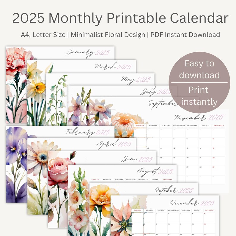2025 Printable Calendar, A4, Letter Sizes, Watercolor Floral Monthly ...