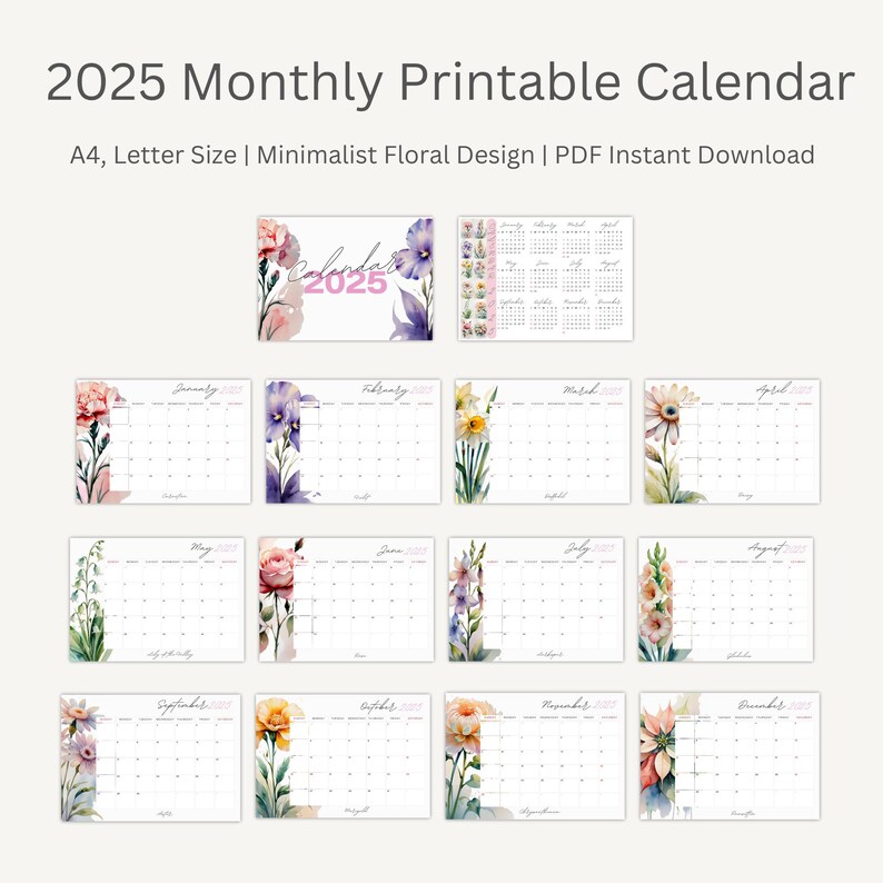 2025 Printable Calendar, A4, Letter Sizes, Watercolor Floral Monthly ...