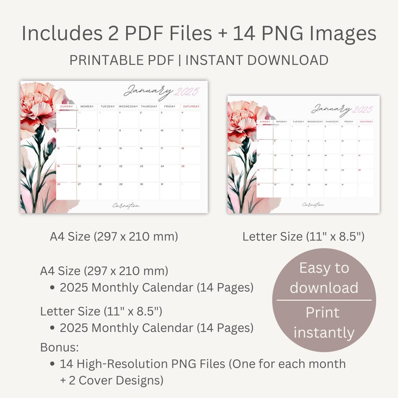 2025 Printable Calendar, A4, Letter Sizes, Watercolor Floral Monthly ...