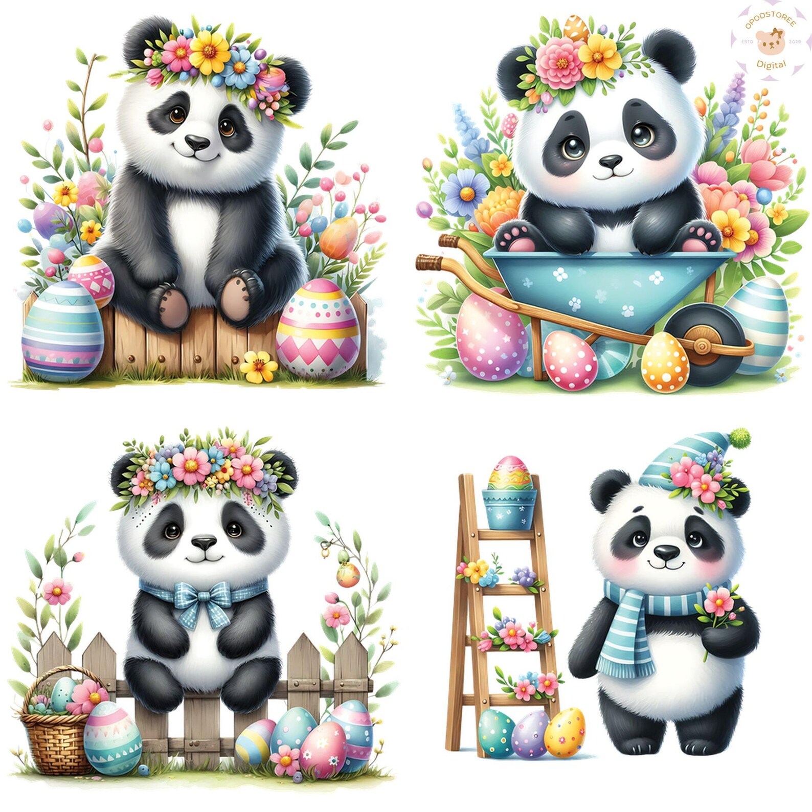 Watercolor Cute Easter Panda Clipart Bundle PNG, 20 PNG Cute Baby Panda ...
