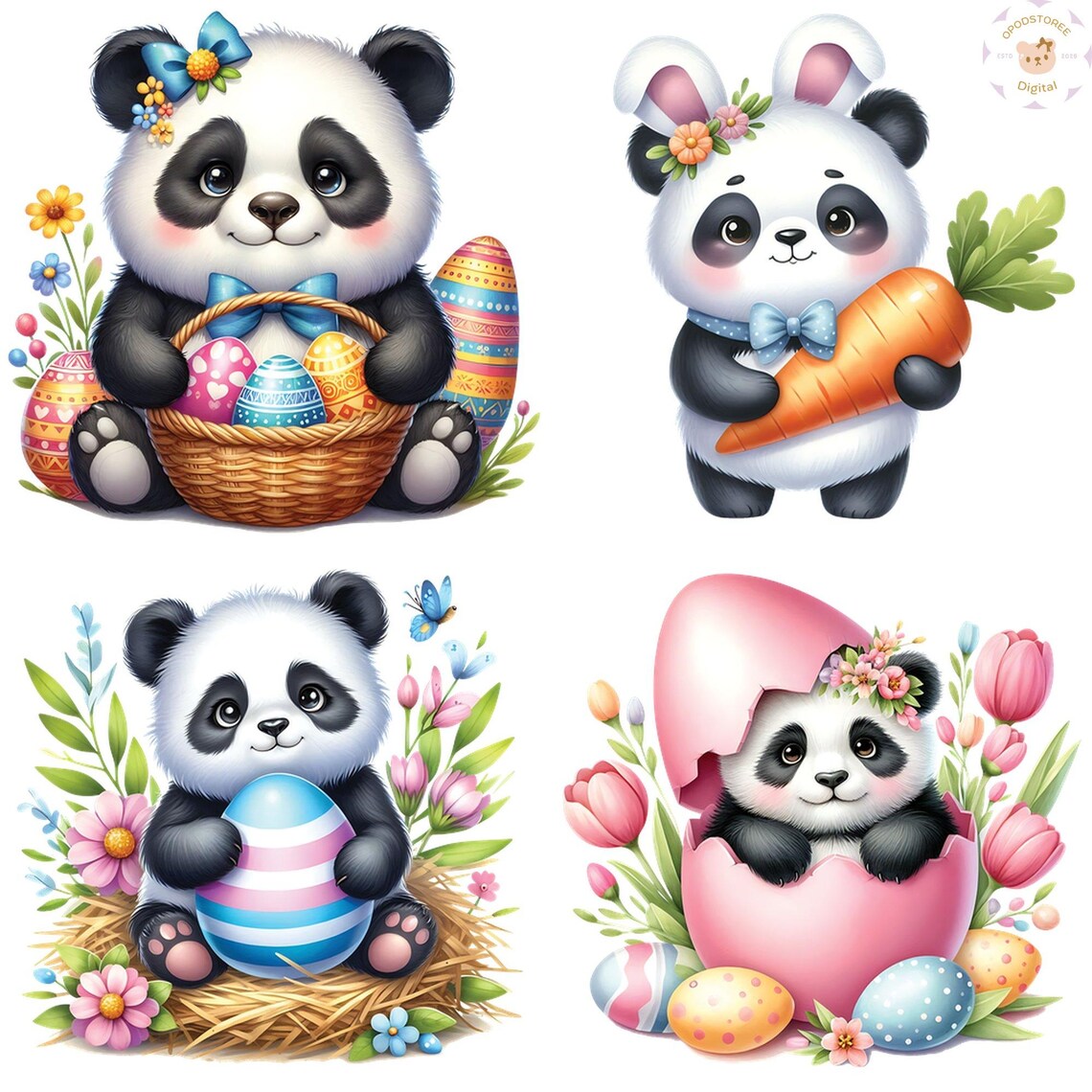 Watercolor Cute Easter Panda Clipart Bundle PNG, 20 PNG Cute Baby Panda ...
